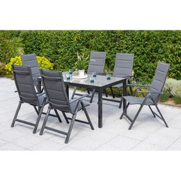 Merxx Garten-Essgruppe &raquo;Taviano&laquo; Set, 7 Stk. tlg. 6 Klappsessel, 5-fach verstellbar, Tisch grau Aluminium, Polyester, Sicherheitsglas Polyester