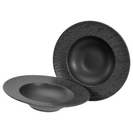 Creatable Pastateller &raquo;Schiefer Black, Pasta Gourmetteller Set 2-tlg&laquo; Teller Set, Seidenmatte Spezialglasur, Ausdruckstarkes Relief schwarz Steinzeug 