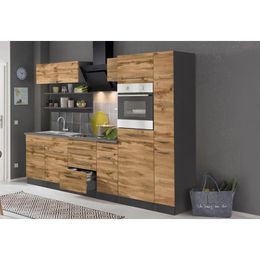 KOCHSTATION K&uuml;chenzeile &raquo;KS-Tulsa&laquo; mit E-Ger&auml;ten, Breite 300 cm, schwarze Metallgriffe, MDF Fronten braun B/H/T: 300cm x 60cm