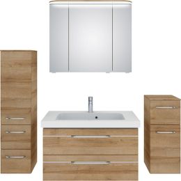 Badm&ouml;bel-Set &raquo;Balto Sprint 4-teilig, Mineralmarmor-Waschtisch mit LED-Spiegelschrank&laquo; 5 Stk. tlg. braun Holzwerkstoff B/H/T: 152cmcm x 200cmcm x 