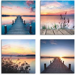 Artland Leinwandbild &raquo;Pier See Abendrot Schilf Sonnenstrahlen&laquo; Gew&auml;sser 4 Stk. tlg. 4er Set, verschiedene Gr&ouml;&szlig;en blau Leinwand, MDF B/H/T: 30cm x 30cm, 