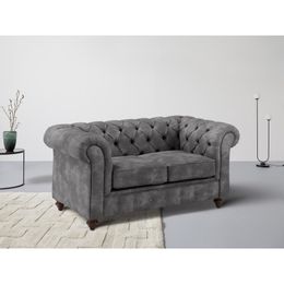 OTTO home Chesterfield-Sofa &raquo;Chesterfield 2-Sitzer B/T/H: 150/89/74 cm&laquo; mit hochwertiger Knopfheftung, auch in Leder grau Struktur (100% Polyester) B/