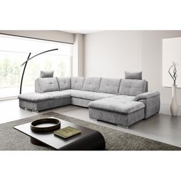 WERK2 Wohnlandschaft &raquo;Arena, B/T: 339/220 cm breit, moderner, einladender Sitzkomfort&laquo; 2x Kopfst&uuml;tzen, Schlaffunktion und Bettkasten, U-Form grau 100%