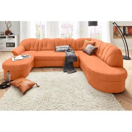 DOMO collection Wohnlandschaft &raquo;ELVA 293x180x84 cm, elegante R&uuml;ckensteppung, U-Form&laquo; whlw. mit Bettfunktion und Federkern orange (gepr&auml;gte) Luxus-