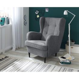 ED EXCITING DESIGN Ohrensessel &raquo;Oskar&laquo; mit Massivholzf&uuml;&szlig;en grau 100% Polyester Webstoff, B/H/T: 78cm x 102cm x 98cm
