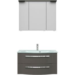 Badm&ouml;bel-Set &raquo;Serie 4005, vormontiert, Glaswaschbecken, Spiegelschrank&laquo; Set, 3 Stk. tlg. grau Holzwerkstoff Einheitsgr&ouml;&szlig;e