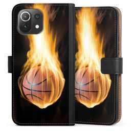 DeinDesign Xiaomi Mi 11 Lite 5G Handy Klapph&uuml;lle Handyh&uuml;lle aus Kunst Leder schwarz Flip Case Sports Basketball Fire Sideflip mit langer Lasche
