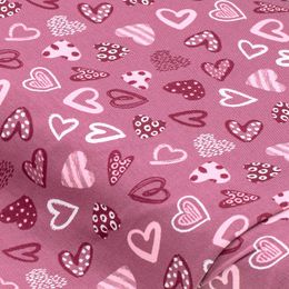 buttinette Baumwoll-Jersey "Herzen" mit Elasthan, beere-color
