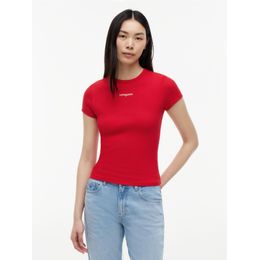 Tommy Jeans Damen Kurzarmshirt "TJW SLIM SCRIPT RIB SS TEE"amaryllis rot, Gr. L, unifarben, Single Jersey, Obermaterial: 95% Baumwolle, 5% Elasthan,