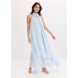 bonprix Maxikleid mit Blumen-Applikation, blau, Gr.48, Maxikleid aus feinem Chiffon im mehrlagigen Look mit Kragen und Blumen-Applikation