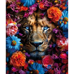 Leinwandbild &raquo;Wandbild L&Ouml;WE BLUMENKRANZ XXL 118x140 cm &ndash; Leinwandbild Keilrahmen&laquo; Blumen Blumenbilder Kunst L&ouml;we L&ouml;wen Pflanzen Pflanzenbilder 