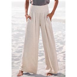 French Connection Damen Leinenhose mit gerafftem Bund, weite Palazzohose f&uuml;r den Sommer beige 40/42, N-Gr