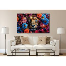 Leinwandbild &raquo;Wandbild L&Ouml;WE MIT BLUMEN XXL 90x150 cm &ndash; Leinwandbild Keilrahmen Deko&laquo; Blumen Raubkatzen Tiger 1 Stk. tlg. auf Keilrahmen gespannt 