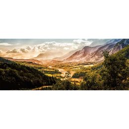 Glasbild &raquo;BERGE LANDSCHAFT 50x125 cm &ndash; Wanddeko modern&laquo; Berge Landschaften Natur 1 Stk. tlg. rahmenlose Glasoptik mit brillanter Farbwiedergabe gr&uuml;n 