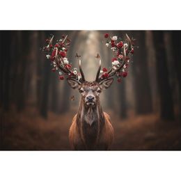 Bild &raquo;Wandbild HIRSCH MIT BLUMEN 60x90 cm &ndash; Leinwandbild Keilrahmen Deko&laquo; Blumen Hirsch Wald auf Keilrahmen gespannt braun Canvas, MDF B/H/T: 90cm x 