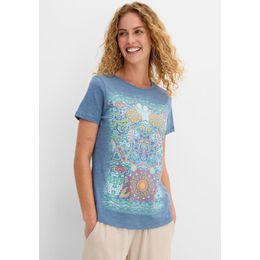 bonprix Damen bonprix T-Shirt &raquo;T-Shirt aus reiner Baumwolle&laquo; Regular Fit, Kurzarm, aus Baumwolle, mit farbenfrohem Print blau 48/50 (XL)