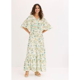 bonprix Maxikleid aus flie&szlig;ender Viskose, beige, Gr.54, bedrucktes Maxikleid aus flie&szlig;ender Viskose mit dekorativen Bindeb&auml;ndern mit Quasten vorne in der Taille und weitem Rock, aus Viskose