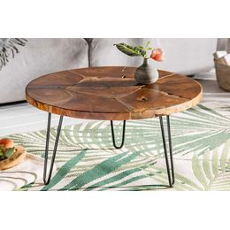 Riess Ambiente Runder Massivholz Couchtisch MOSAIK 70cm natur Teak Hairpin Legs schwarz Metall handmade Riess-Ambiente Sofatisch Wohnzimmertisch