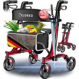 ELONEO Rollator faltbar und leicht mit Sitz - ultraleicht (5,1kg), Leichtgewicht-Reiserollator aus Aluminium, Gehhilfe h&ouml;henverstellbar und faltbar, Laufhilfe mit Tasche & Schirmhalter, Rot
