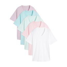 bonprix Damen Longshirt "Weites Long-Shirt mit V-Ausschnitt, Kurzarm (5er Pack)", bunt, Gr. 56, mehrfarbig, unifarben, Jersey, Obermaterial: 100%