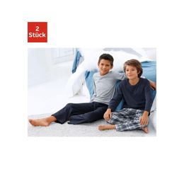 Le Jogger Jungen Pyjama, Gr. 158, blau, Jersey, Obermaterial: 100% Baumwolle, kariert, unifarben, Basic, Homewear-Sets, Schlafanzug in langer Form,