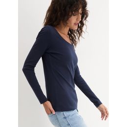 bonprix Damen Langarmshirt, blau, Gr. 52, unifarben, Web, Obermaterial: 100% Baumwolle, Shirts, leicht taillierte Passform, Rundhalsausschnitt, aus