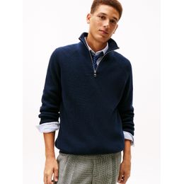 Tommy Hilfiger Herren Troyer "FISHERMAN RIB ZIP MOCK", blau, Gr. L, Strick, Obermaterial: 45% Polyamid, 30% Baumwolle, 25% Wolle, Pullover, relaxed