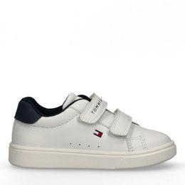 Tommy Hilfiger M&auml;dchen Sneaker, Gr. 29wei&szlig;, blau, Lederimitat, Schuhe, Halbschuh, Klettschuh im sportlichen Retro-Design