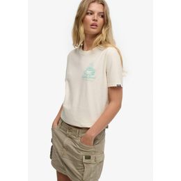 Superdry Damen Print-Shirt "ROADSIDE TRADE RELAXED TEE"desert bone sanftes wei&szlig;, Gr. XL, bedruckt, Single Jersey, Obermaterial: 100% Baumwolle,