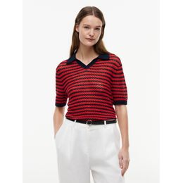 Tommy Hilfiger Damen Polokragenpullover "POINTELLE V-NK POLO SS", rot, Gr. L, gemustert, gestreift, mehrfarbig, Strick, Obermaterial: 60% Baumwolle,