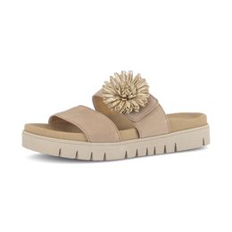 Gabor Damen Pantolette, Gr. 42, beige, Ziegenveloursleder, unifarben, Schuhe, Plateau, Sommerschuh, Schlupfschuh mit Bast-Zierbl&uuml;te