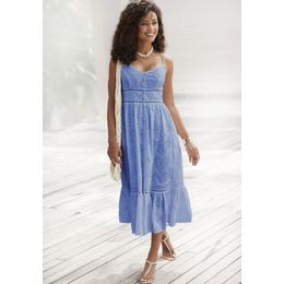 Buffalo Damen Midikleid "mit hochwertiger Lochstickerei", blau, Gr. 38, unifarben, Web, Obermaterial: 100% Baumwolle. Futter: 100% Baumwolle,