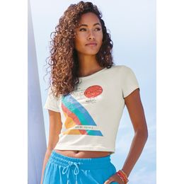 Damen T-Shirt, BENCH. LOUNGEWEAR, Gr. 44, bunt, Web, Obermaterial: 95% Baumwolle, 5% Elasthan, bedruckt, unifarben, Shirts, mit Print, aus weicher