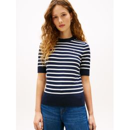 Tommy Hilfiger Damen Kurzarmpullover "CO JERSEY FINE GG C-NK SS SWT", blau, Gr. XS, gestreift, Feinstrick, Obermaterial: 67% Baumwolle, 33% Polyamid,