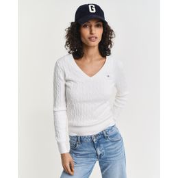 Gant Damen Strickpullover "STRETCH COTTON CABLE V-NECK", grau, Gr. XS, Zopfmuster, Strick, Obermaterial: 88% Baumwolle, 10% Polyamid, 2% Elasthan,