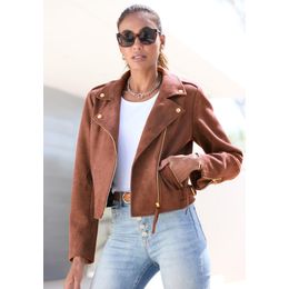 Lascana Damen Bikerjacke "in Veloursleder-Optik", braun, Gr. 34, unifarben, Stoff, Obermaterial: 95% Polyester, 5% Elasthan. Futter: 100% Polyester,
