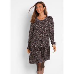 bonprix Damen Minikleid, schwarz, Gr. 46, bedruckt, Web, Obermaterial: 100% Viskose, Kleider, mit floralem All-Over Print, aus Viskose, Regular Fit,