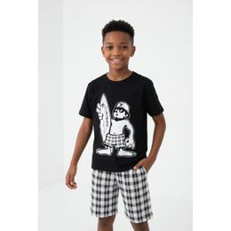 bonprix Jungen Shorty, Gr. 140, schwarz, Obermaterial: 100% Baumwolle, bedruckt, Homewear-Sets, lockere Passform, aus Baumwolle