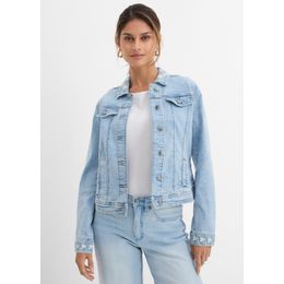 bonprix Damen Jeansjacke, blau, Gr. 42, Obermaterial: 76% Baumwolle, 16% Polyester, 7% Viskose, 1% Elasthan, Jacken, lockere Passform, mit