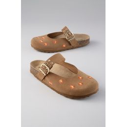 ANISTON SHOES Damen Clog, Gr. 42, braun, Veloursleder, Schuhe, Sommerschuh, Sabot mit Bl&uuml;tenstickerei - NEUE KOLLEKTION