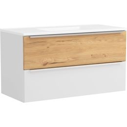 Waschtisch Welltime, B:100cm H:54cm T:47cm, braun, Badezimmer, Waschtische, "TRIENT, Softclose-Ausz&uuml;ge, Mineralgussbecken", matt wei&szlig;/wildeiche,