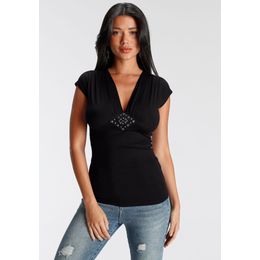 Melrose Damen T-Shirt, schwarz, Gr. 38, unifarben, Jersey, Obermaterial: 95% Viskose, 5% Elasthan, Shirts, sehr figurbetonter Schnitt, tiefer