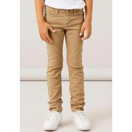 name it Jungen R&ouml;hrenhose "NKMTHEO f&uuml;r Jungen mit verstellbarem Bund und schmaler Silhouette", braun, Gr. 116, unifarben, Twill, Obermaterial: 98%