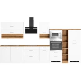 K&uuml;chenzeile KOCHSTATION, B:390cm H:200cm T:60cmk&uuml;che: wei&szlig;, front: wei&szlig;, korpus: wei&szlig;, arbeitsplatte: wotaneiche, Komplettk&uuml;chen-Sets, "KS-Milan",