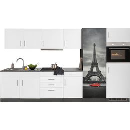 K&uuml;chenzeile KOCHSTATION, B:330cm H:200cm T:60cm, wei&szlig;, Komplettk&uuml;chen-Sets, "KS-Paris &ndash; K&uuml;chen mit einzigartigen Fotomotiven auf den Fronten", Breite
