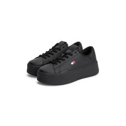 Tommy Jeans Damen Plateausneaker "TJW SCRIPT CUPSOLE FLATFORM", Gr. 35, schwarz, Leder, kontrastfarbene Details, unifarben, Basic, Schuhe,