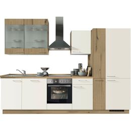 K&uuml;chenzeile KOCHSTATION, B:310cm T:60cm, wei&szlig;, Komplettk&uuml;chen-Sets, ""KS-Trea", wahlweise mit E-Ger&auml;ten, h&ouml;henverstellbare F&uuml;&szlig;e", vormontiert, mit