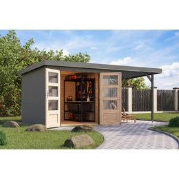 Gartenhaus Karibu, grau, Massivholz, Gartenh&auml;user, "Jupiterino 3,5 SET, in verschiedenen Farben", inkl. Anbaudach