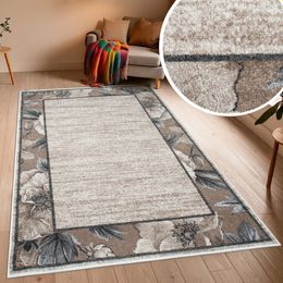 Teppich OTTO HOME, B:60cm H:9mm L:110cm, beige, Kunstfaser, Wohnzimmer, Teppiche, "Florent mit Rahmen, Blumen Design", Floral, detailreiche Bl&uuml;ten,