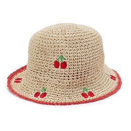 LSCN BY LASCANA Damen Strohhut "Sonnenhut, Sommerhut, Kopfbedeckung, Hut", beige, gemustert, Stroh, H&uuml;te, NEU mit modischer Cherry Stickerei